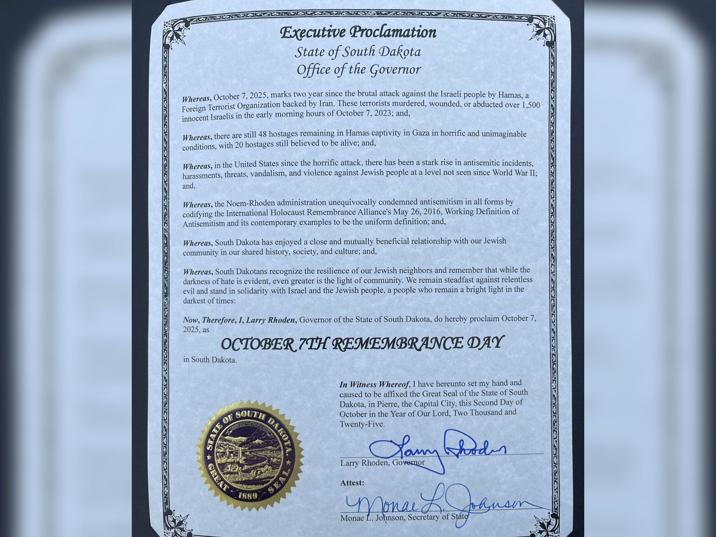 Gov. Rhoden issues “October 7th Remembrance Day” proclamation