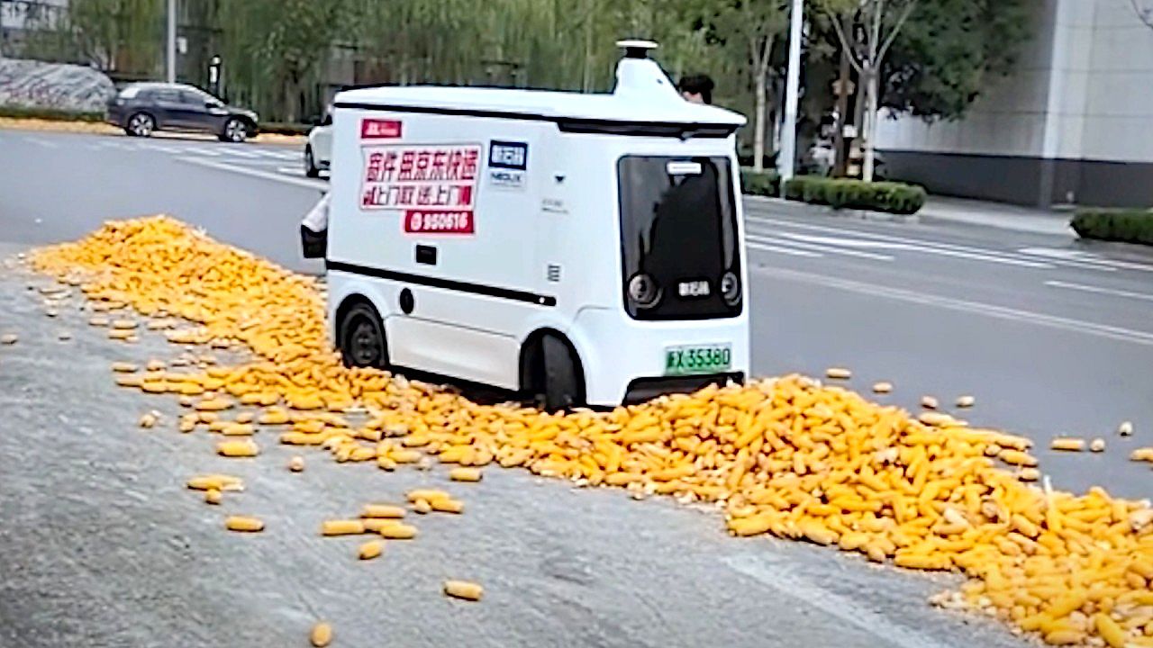Self-driving car gets stuck in pile of corn in China