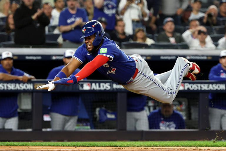 Vladimir Guerrero Jr. goes airborne on slide at home during Blue Jays ...