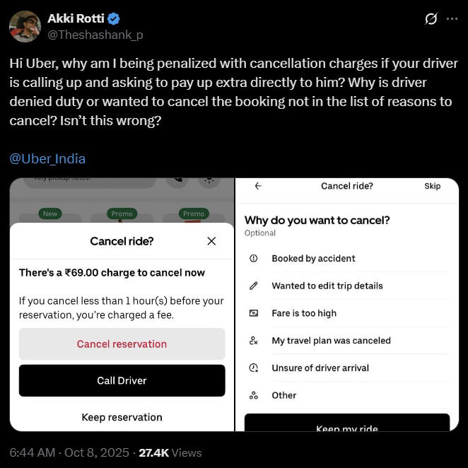 Man slams Uber over cancellation charges after driver demands extra payment