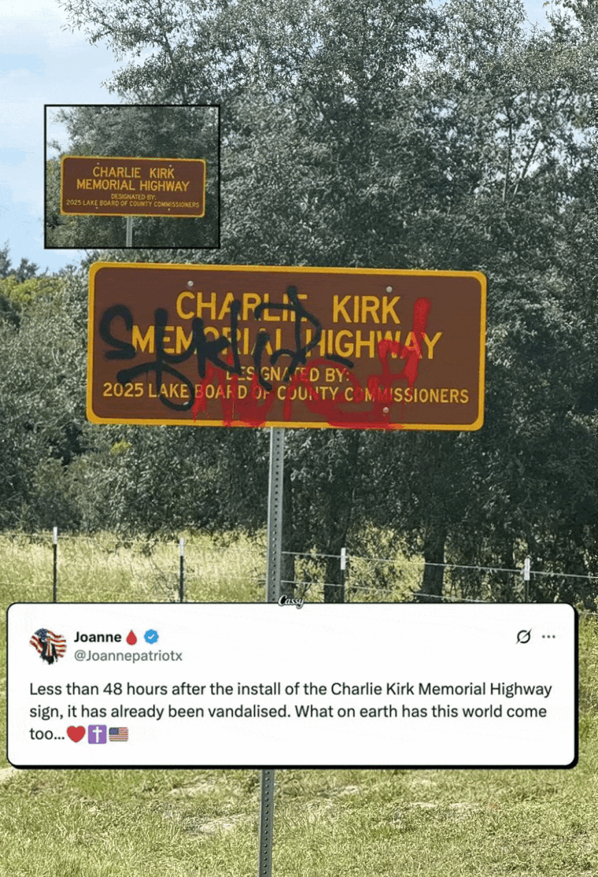 Don't fall for photo of vandalized Charlie Kirk Memorial Highway sign ...