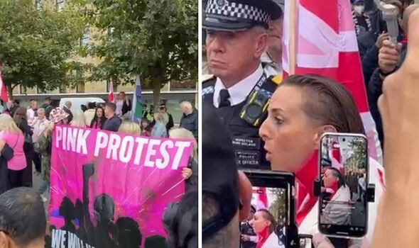 Pink Ladies clash with pro-Palestine activist during London migrant protest