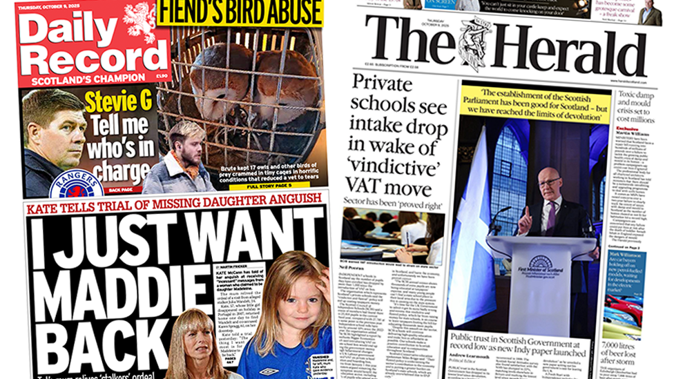 Scotland's papers: Maddie anguish and private school intake drop