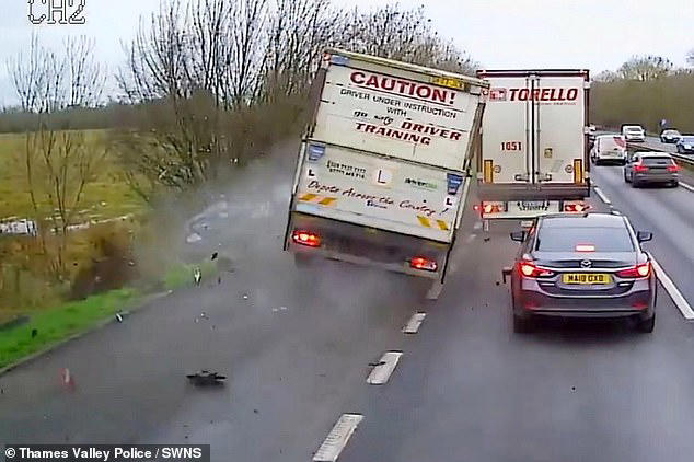 Moment lorry ploughs into layby and hits two parked cars - as woman, 35 ...