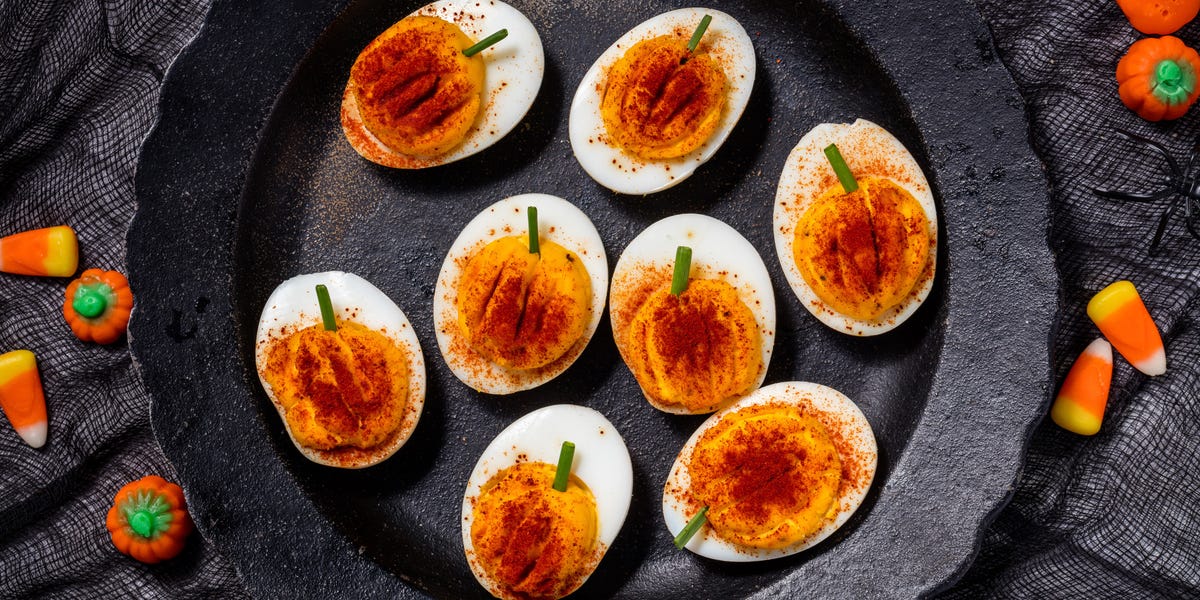 You won’t find a cuter appetizer than these pumpkin deviled eggs