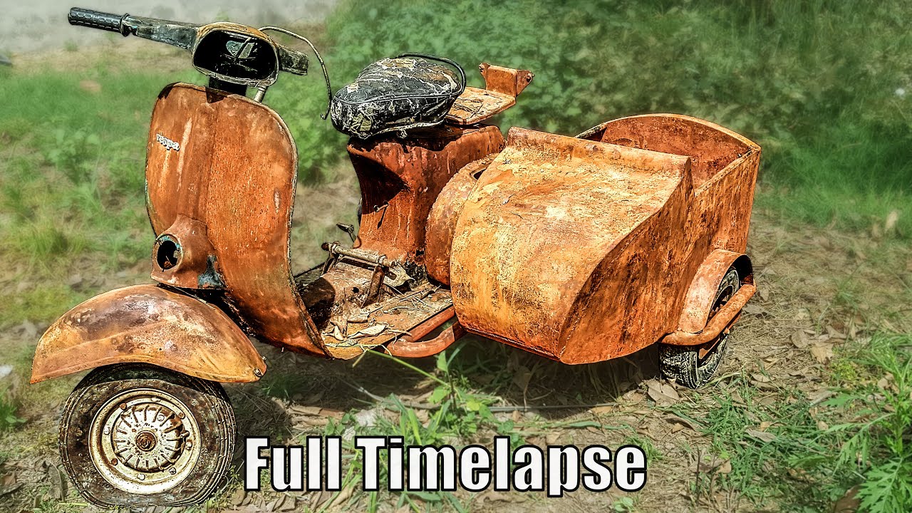 Full restoration 1978 Piaggio Vespa scooter with sidecar - full timelapse