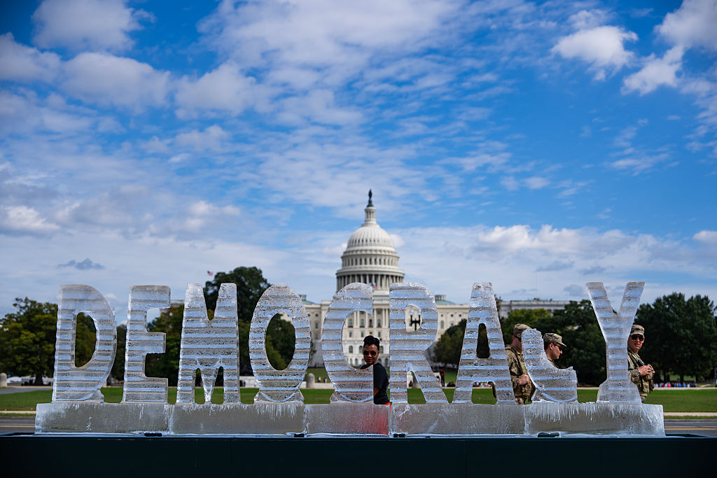 Ice Sculpture Spelling ‘Democracy' Melts on National Mall in Washington, DC