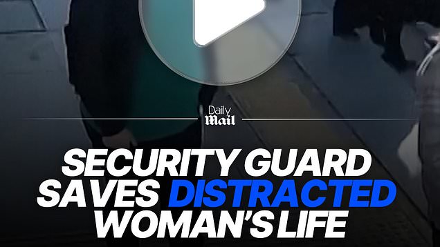 Security guard saves distracted woman's life from oncoming tram