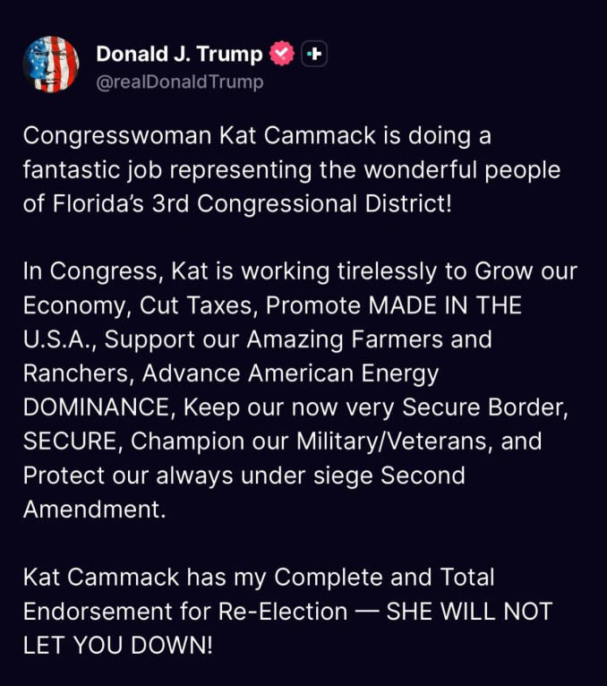 President Donald J. Trump endorses Congresswoman Kat Cammack