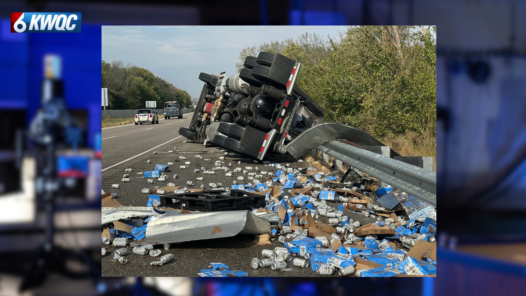 Beer cans litter interstate after semi rollover