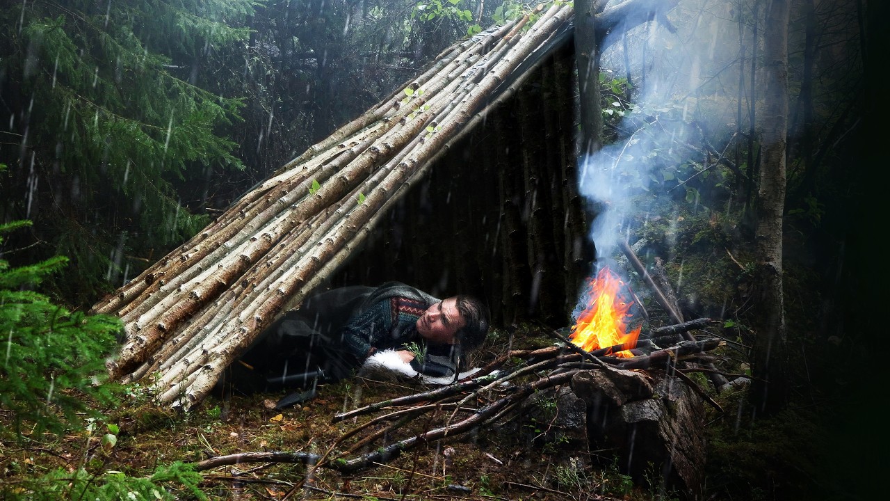 Camping in Heavy Rain: Cozy Forest Shelter Adventure