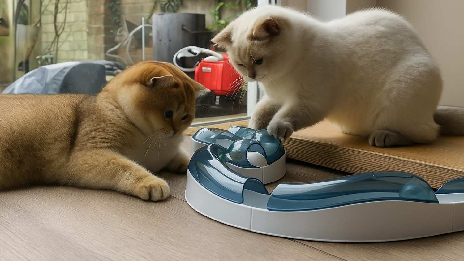 Two Cats Playing with Interactive Toy