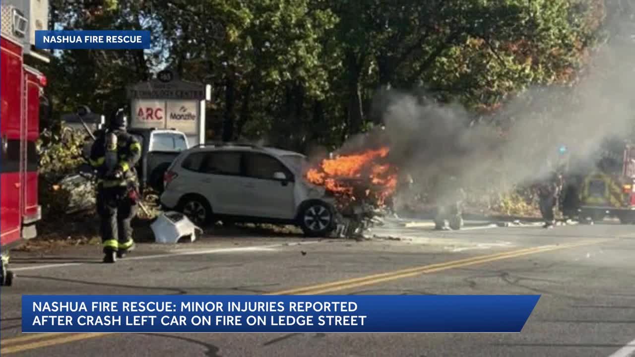 Minor injuries reported after crash left car on fire in Nashua ...
