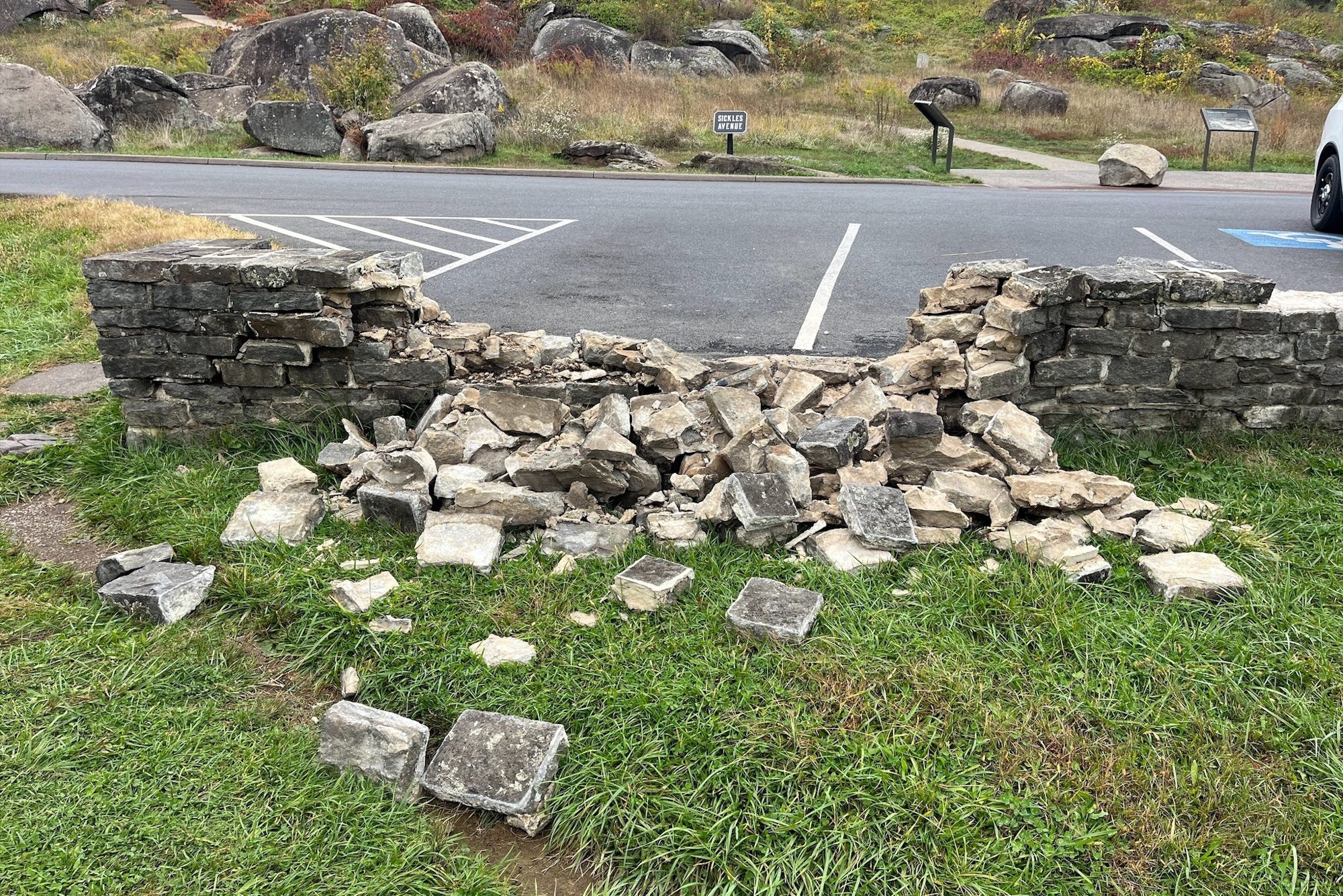 Stone wall toppled near Devil's Den at Gettysburg National Military Park