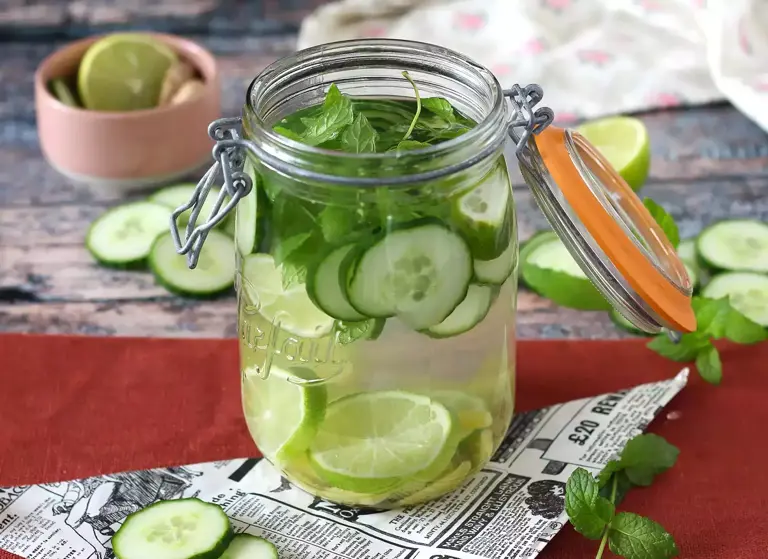 Wasser mit gurken-, limetten-, minze- und ingwer-geschmack