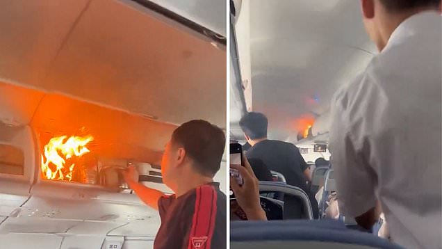 Terrifying moment fire breaks out on plane