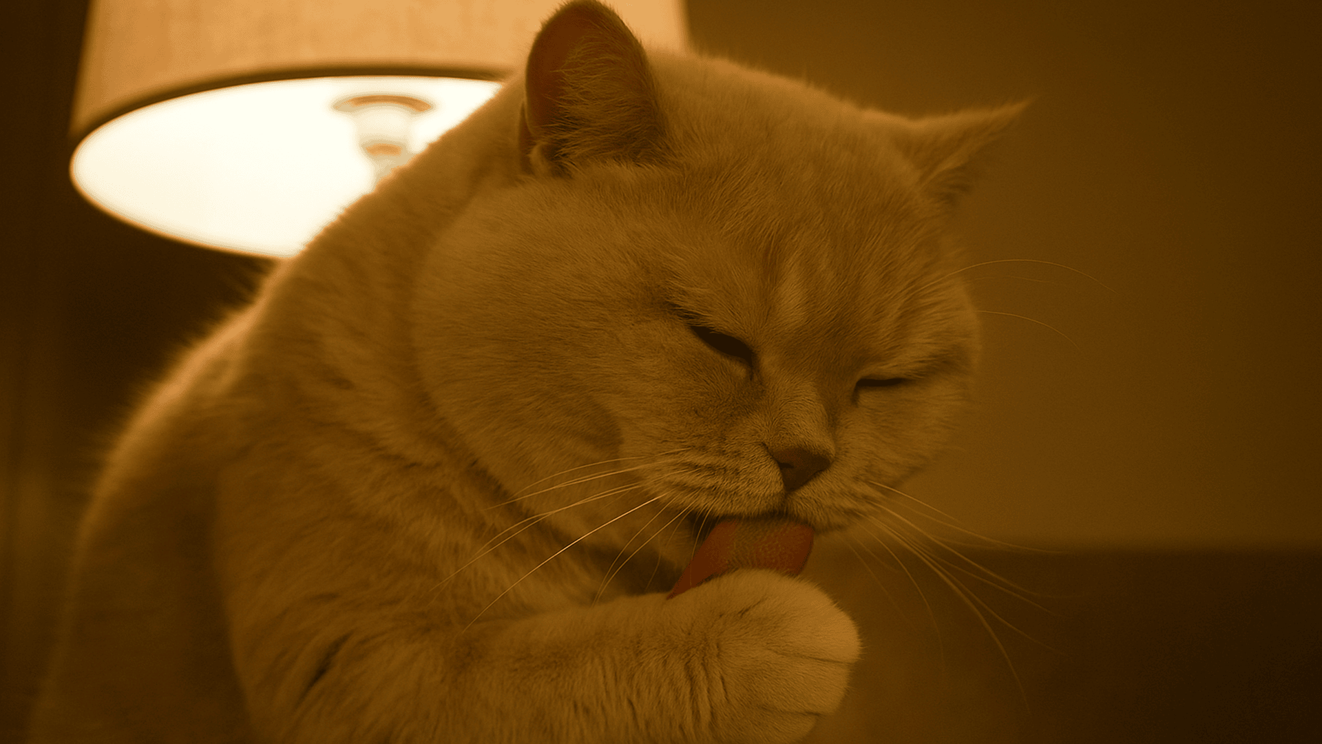 Cat Enjoying a Snack Under Warm Light