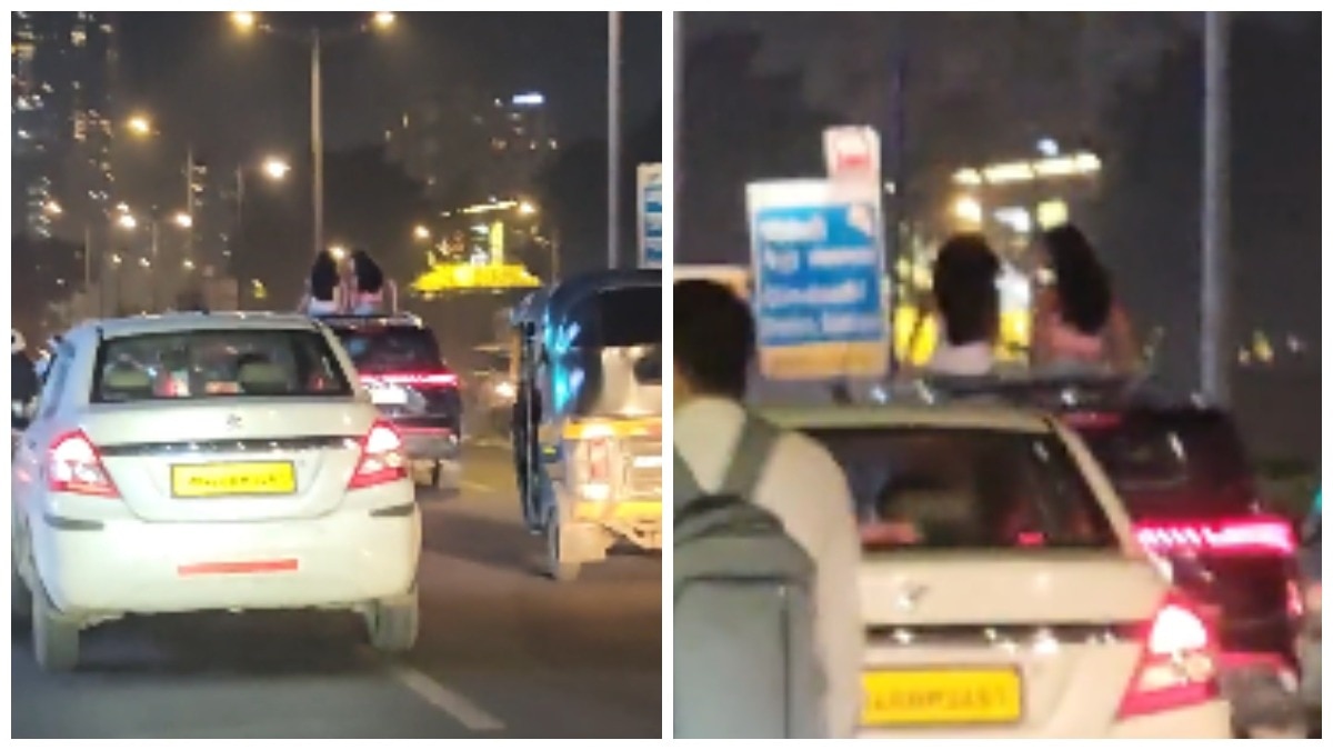 Women spotted riding on sunroof of moving car in Mumbai. Viral video ...