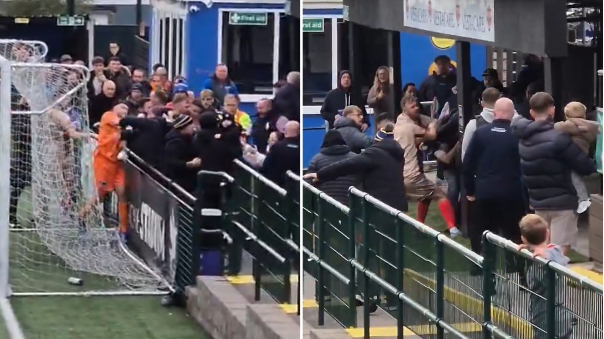 Goalkeeper punches rival fan as mass brawl erupts