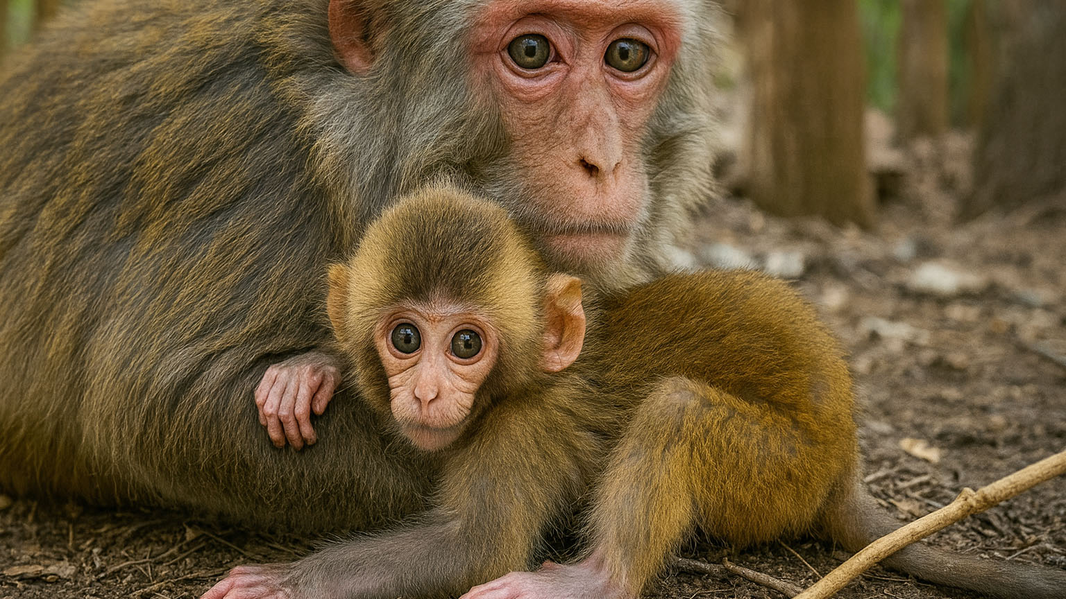 Monkey Gently Takes Care of Little One