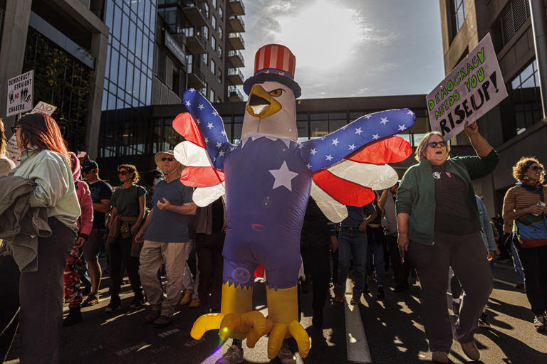 Why protesters against Trump are wearing frog, chicken and T. rex costumes