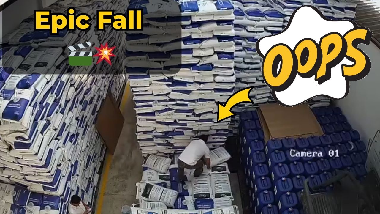 Gentleman gets buried under sacks after neighboring pile slips unexpectedly