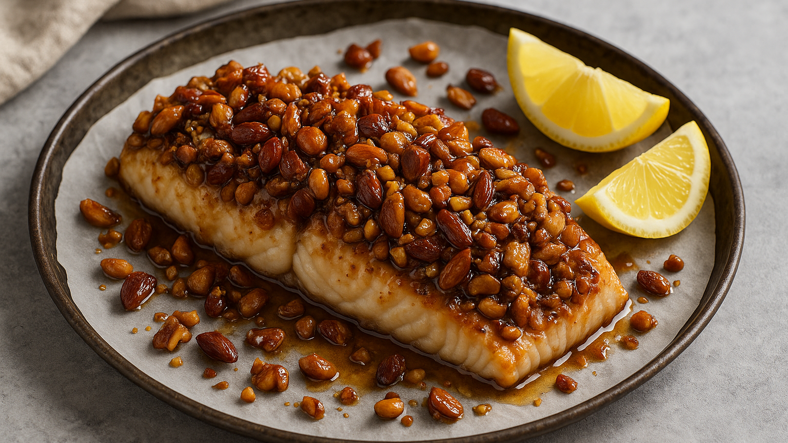 Juicy citrus fish roasted with explosive nut flavor