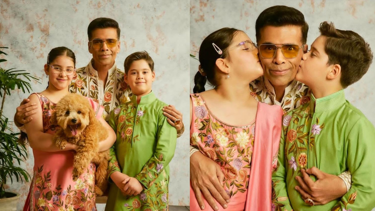 Yash, Roohi Adorably Kiss Father Karan Johar On Diwali; Trio Poses In ...