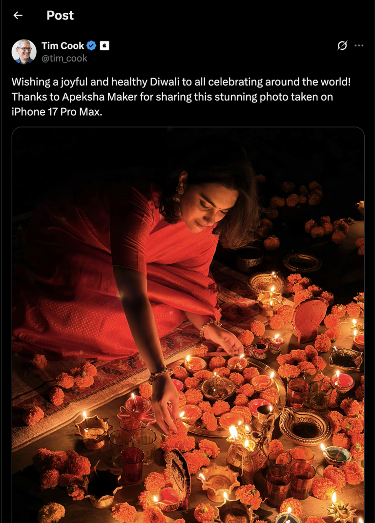 Apple CEO Tim Cook wishes Happy Diwali, shares photo taken on iPhone 17 ...