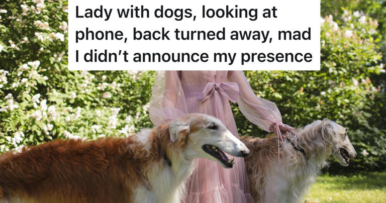 Woman Walking Her Dog In The Park Gives Extra Space To Distracted Dog ...