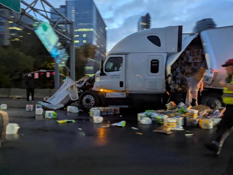 Two semi crash slows traffic on northbound Interstate 5 Monday morning