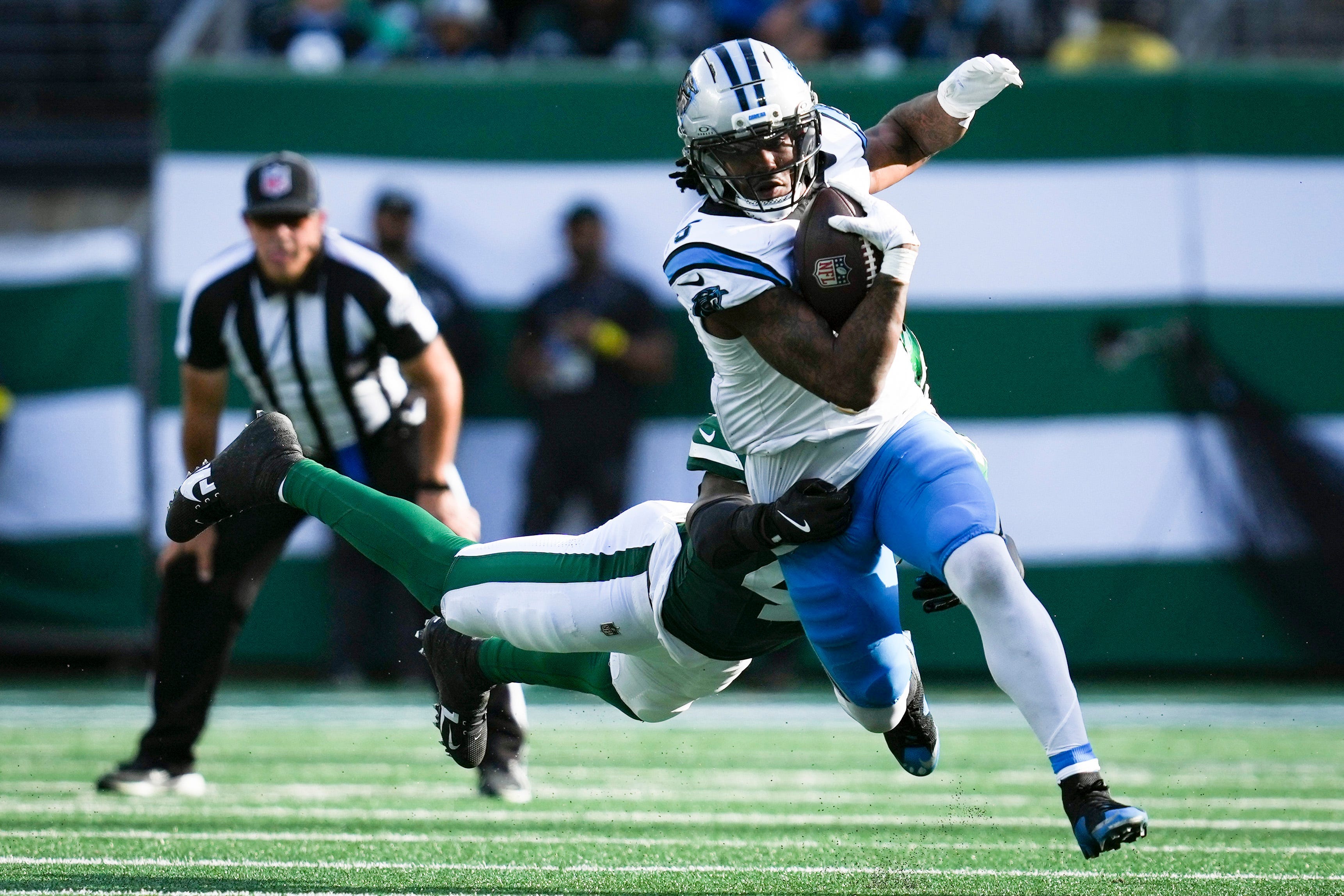 Panthers HC Dave Canales is asked if he'll change 2-RB plan for Chuba ...