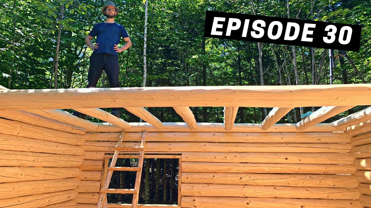 Building A Log Cabin | Ep. 30 | 2ND FLOOR JOISTS are up | Hewing logs ...