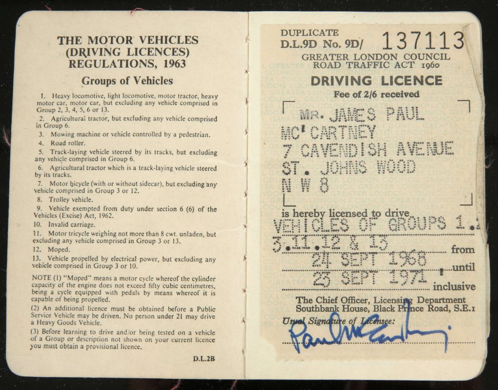 Paul McCartney’s driver’s license from ’60s