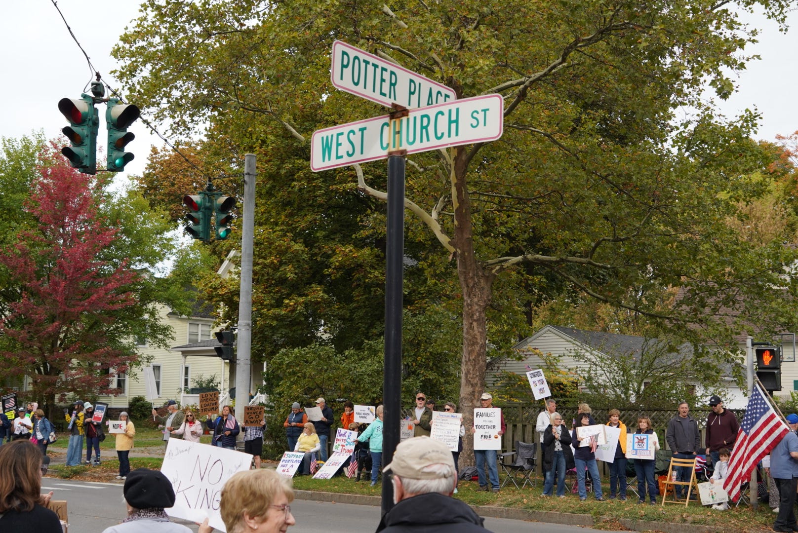 Costumes, signs and honking horns mark village of Fairport No Kings protest
