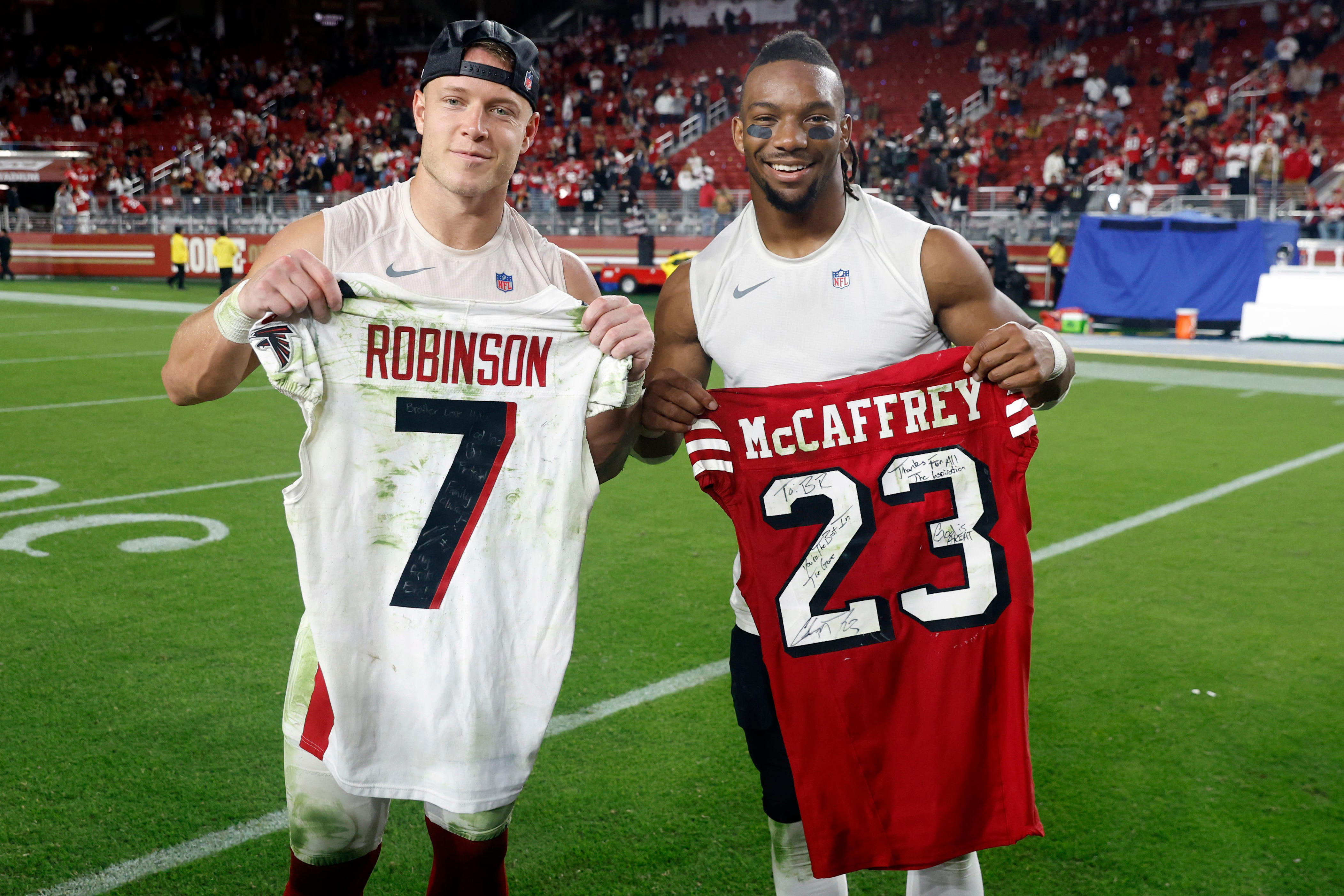Christian McCaffrey's six-word message to Bijan Robinson after SNF game
