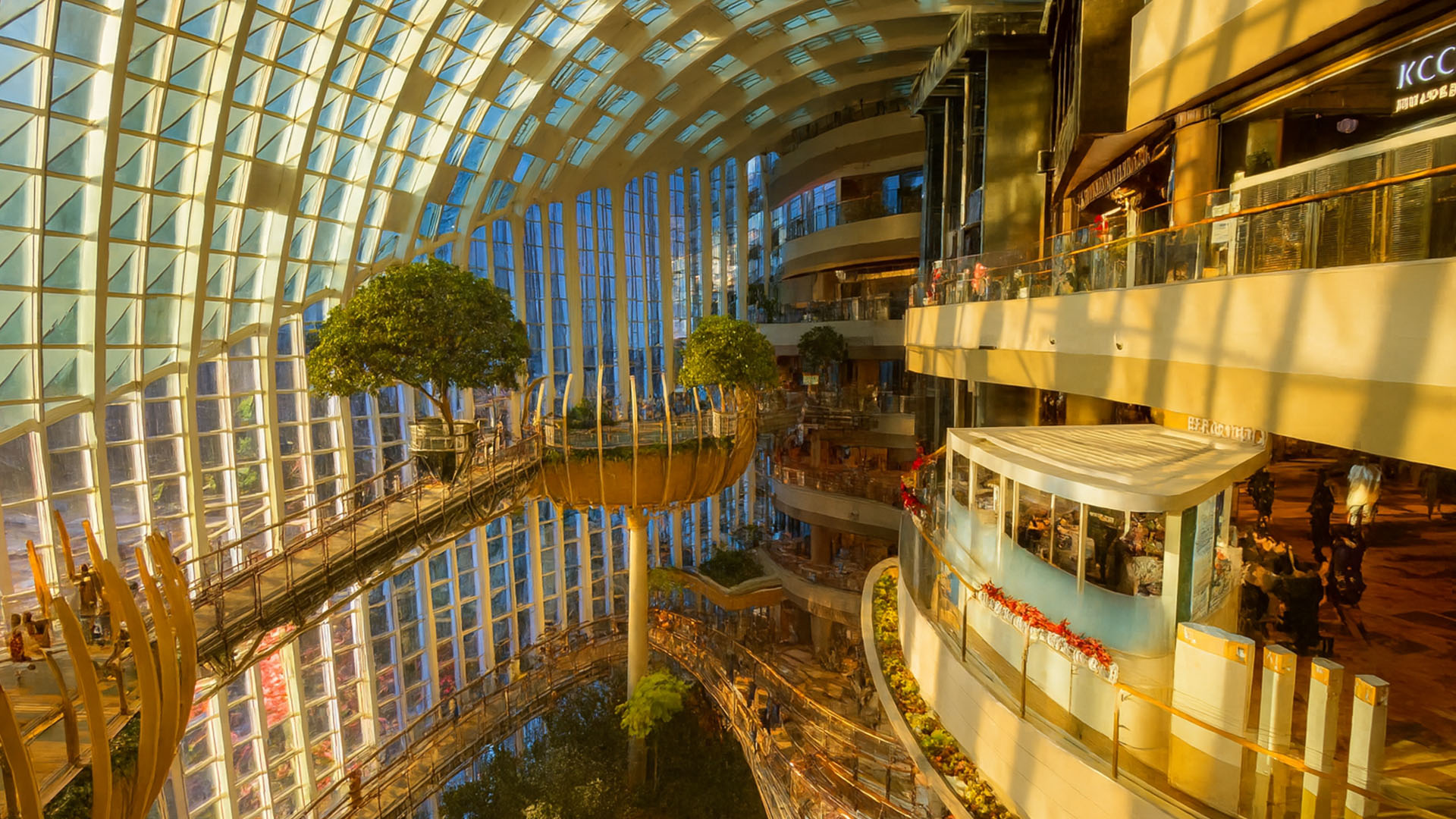 Winkelcentrum met groene wand en waterval – China 4K