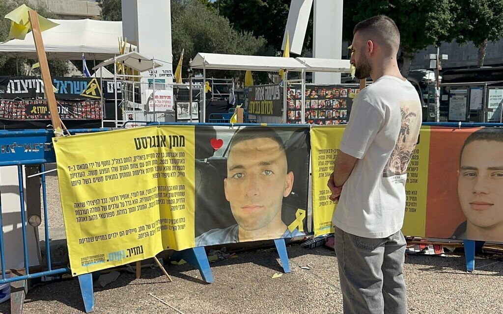 Matan Angrest visits Hostages Square after release from Gaza