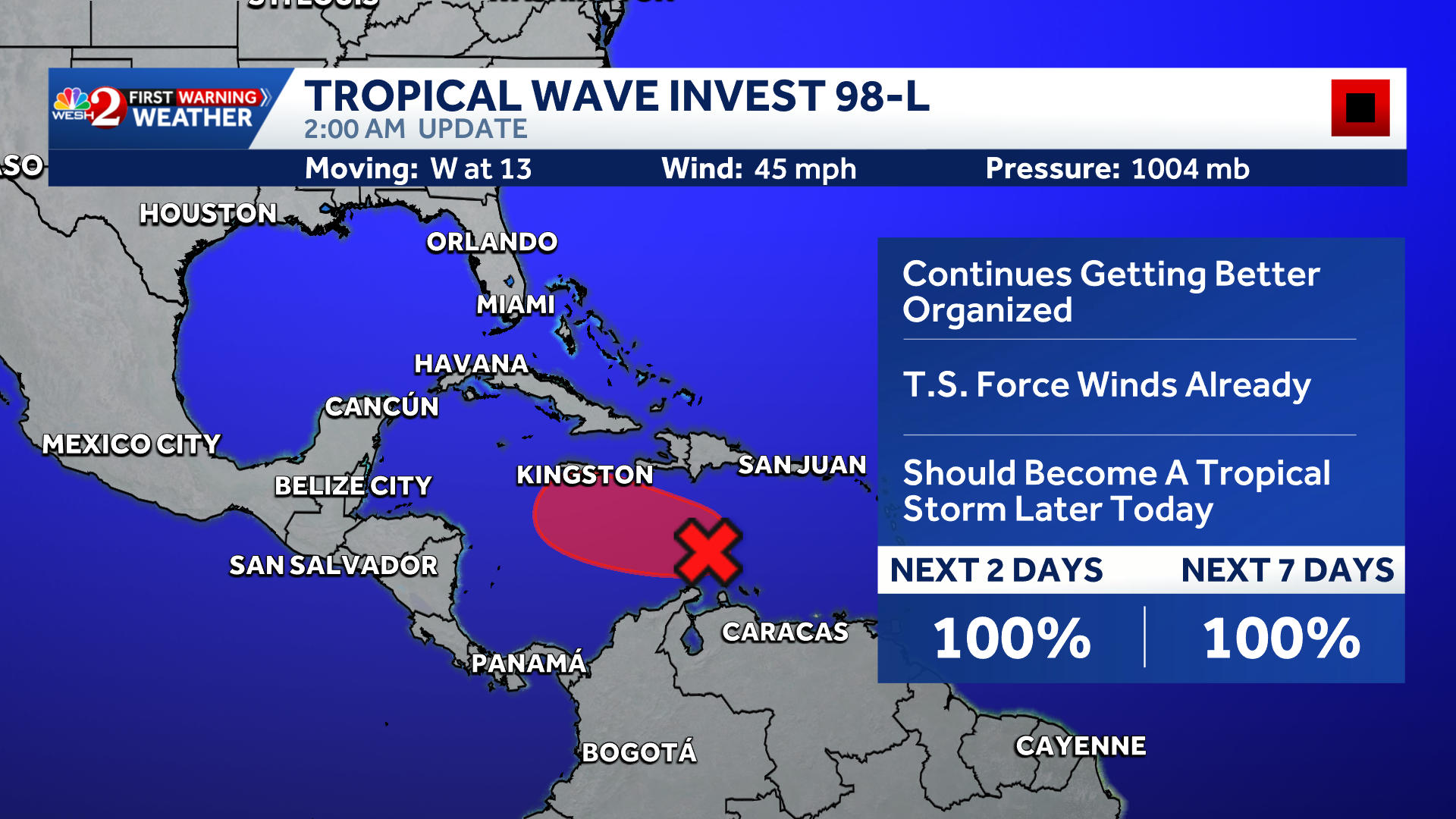 Invest 98-L nearing tropical storm status in Caribbean, NHC says