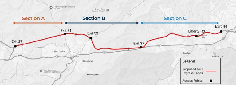 Interstate 40 express toll lanes recommended west of Asheville