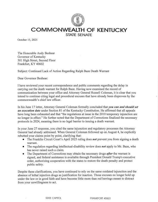 State senator asks governor to sign death warrant in decades-old case