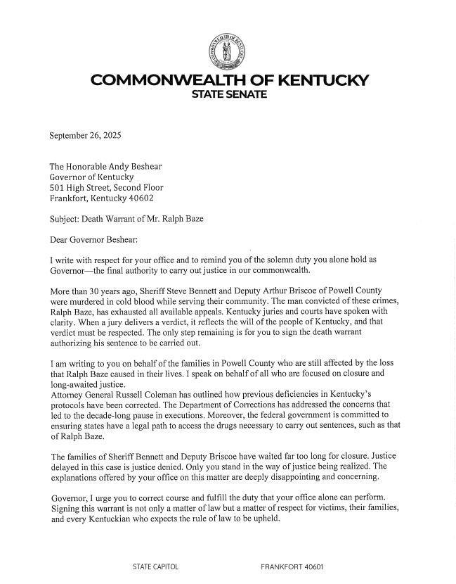 State senator asks governor to sign death warrant in decades-old case