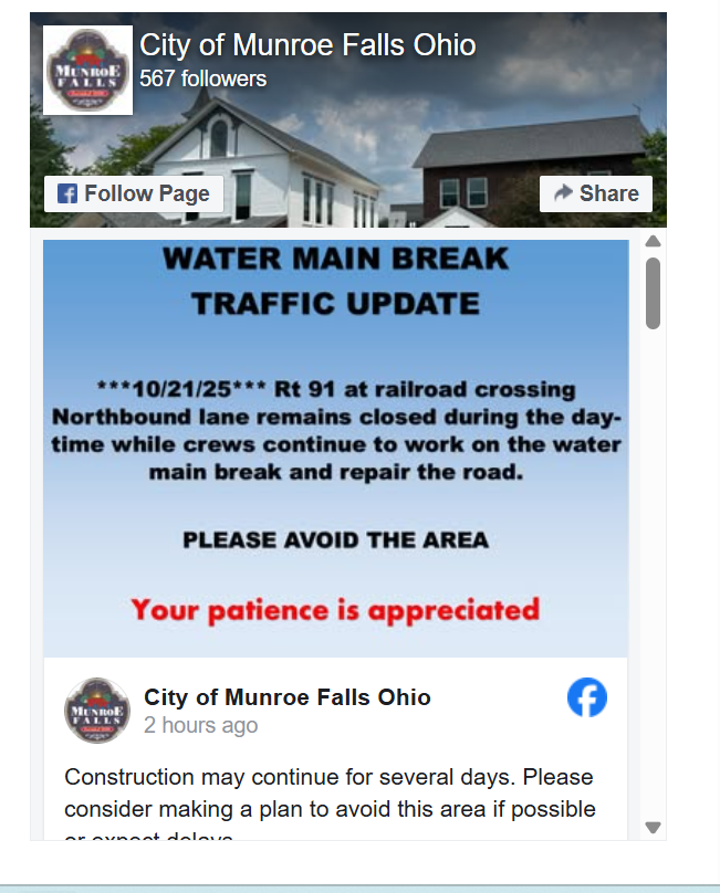 Munroe Falls urges caution on Route 91, issues water-boil advisory ...