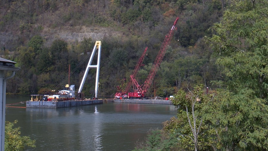 Cleanup of overturned dredge boat continues on Ohio River in West Virginia