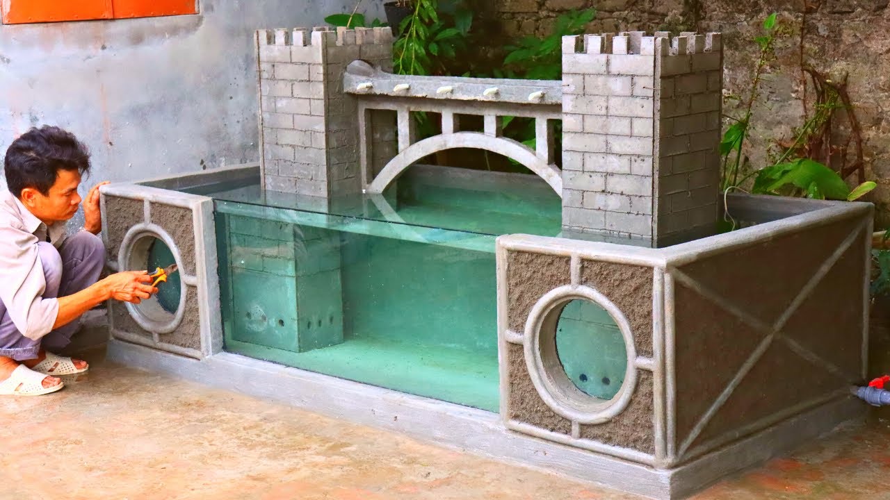 DIY outdoor water fountain - curved bridge & aquarium ideas