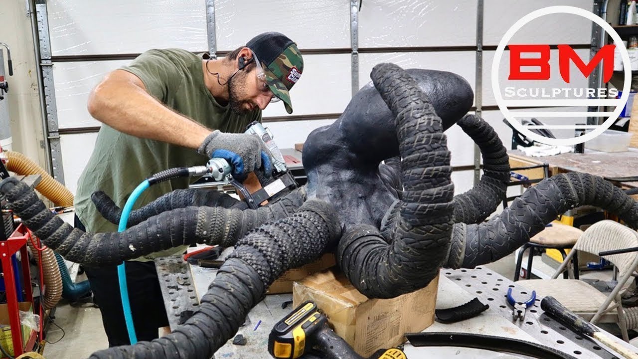 Sculpting a massive octopus using tires and foam