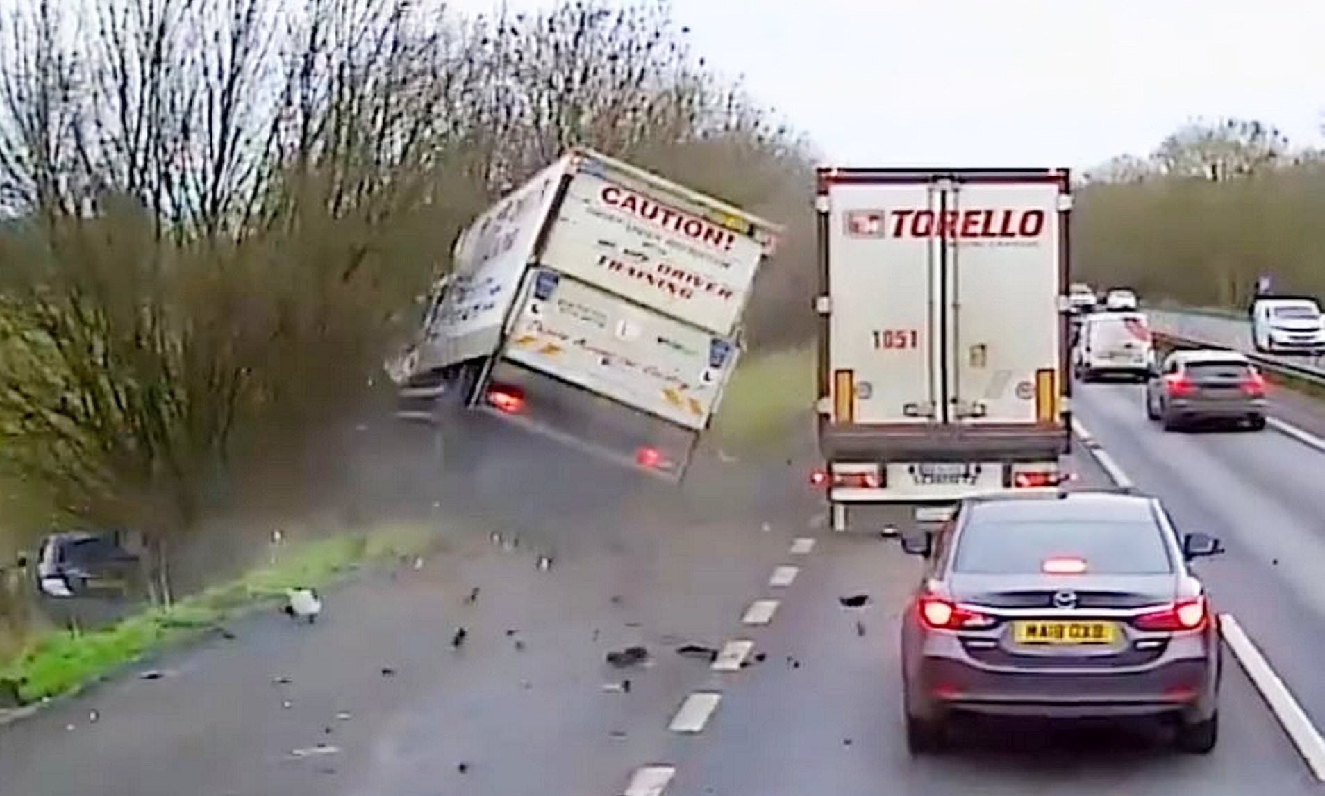 Moment lorry ploughs into layby and hits two parked cars - as woman, 35 ...