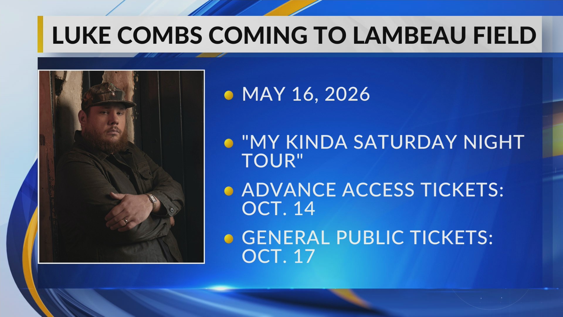 Country music star Luke Combs to play at Lambeau Field in 2026