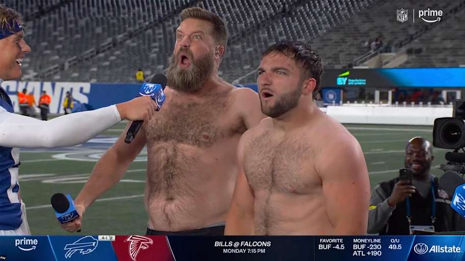 Cam Skattebo Gives Ryan Fitzpatrick Shirtless Chest-Bump to Celebrate Giants' Win