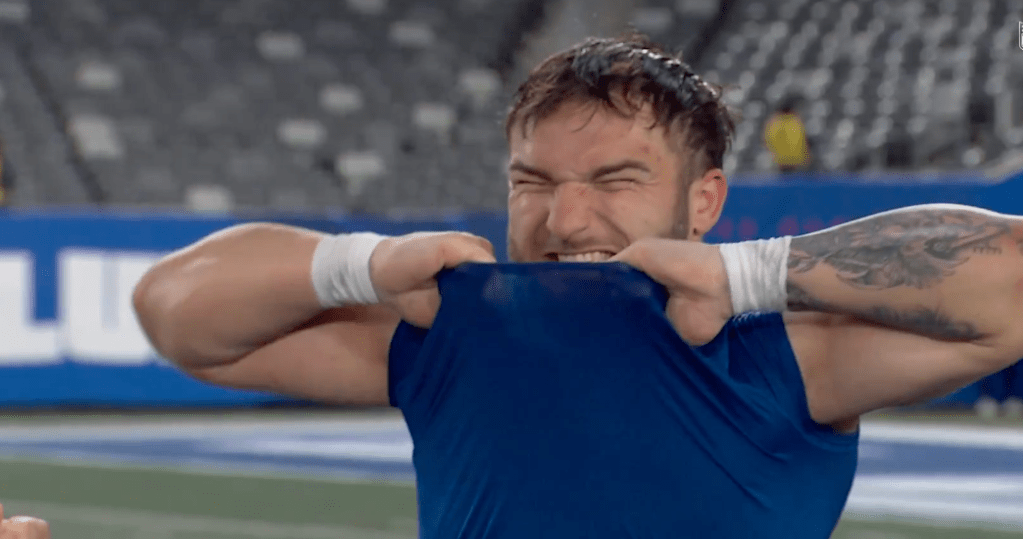 Giants’ Cam Skattebo strips off shirt with Ryan Fitzpatrick in bonkers postgame scene